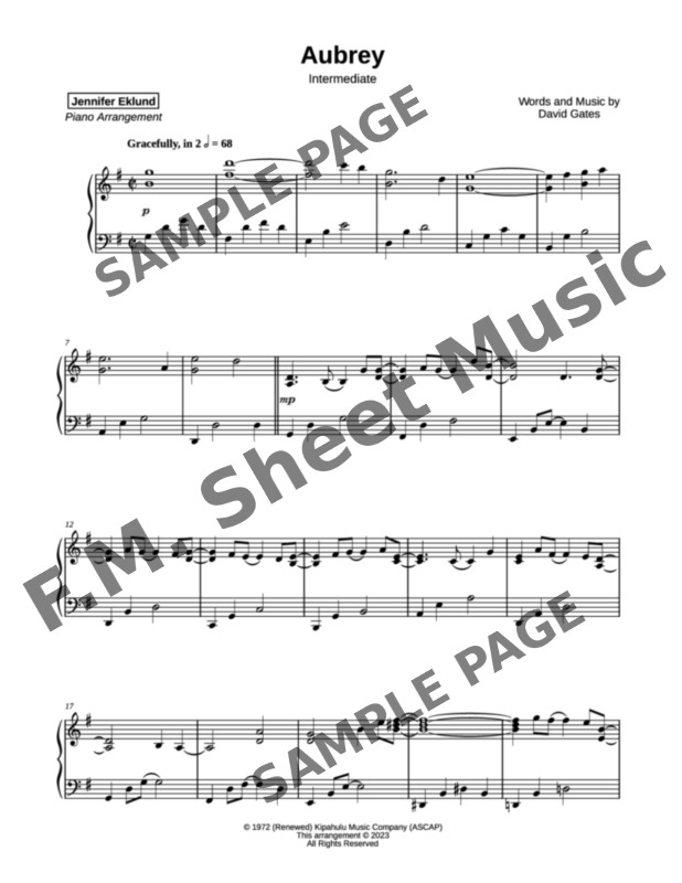 Aubrey (Intermediate Piano) By Bread - F.M. Sheet Music - Pop Arrangements by Jennifer Eklund